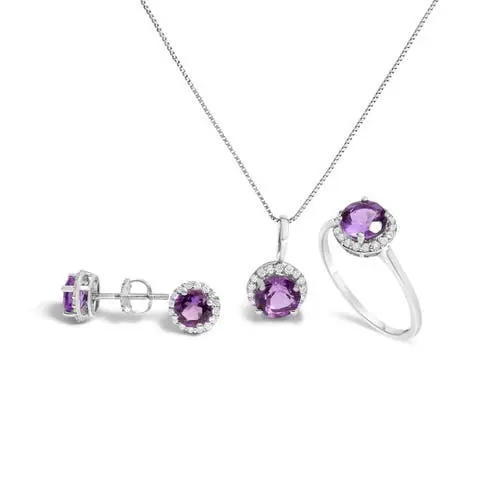HAUS OF BRILLIANCE 10k Gold Gemstone And Diamond Halo Jewelry Set - White | Purple Amethyst